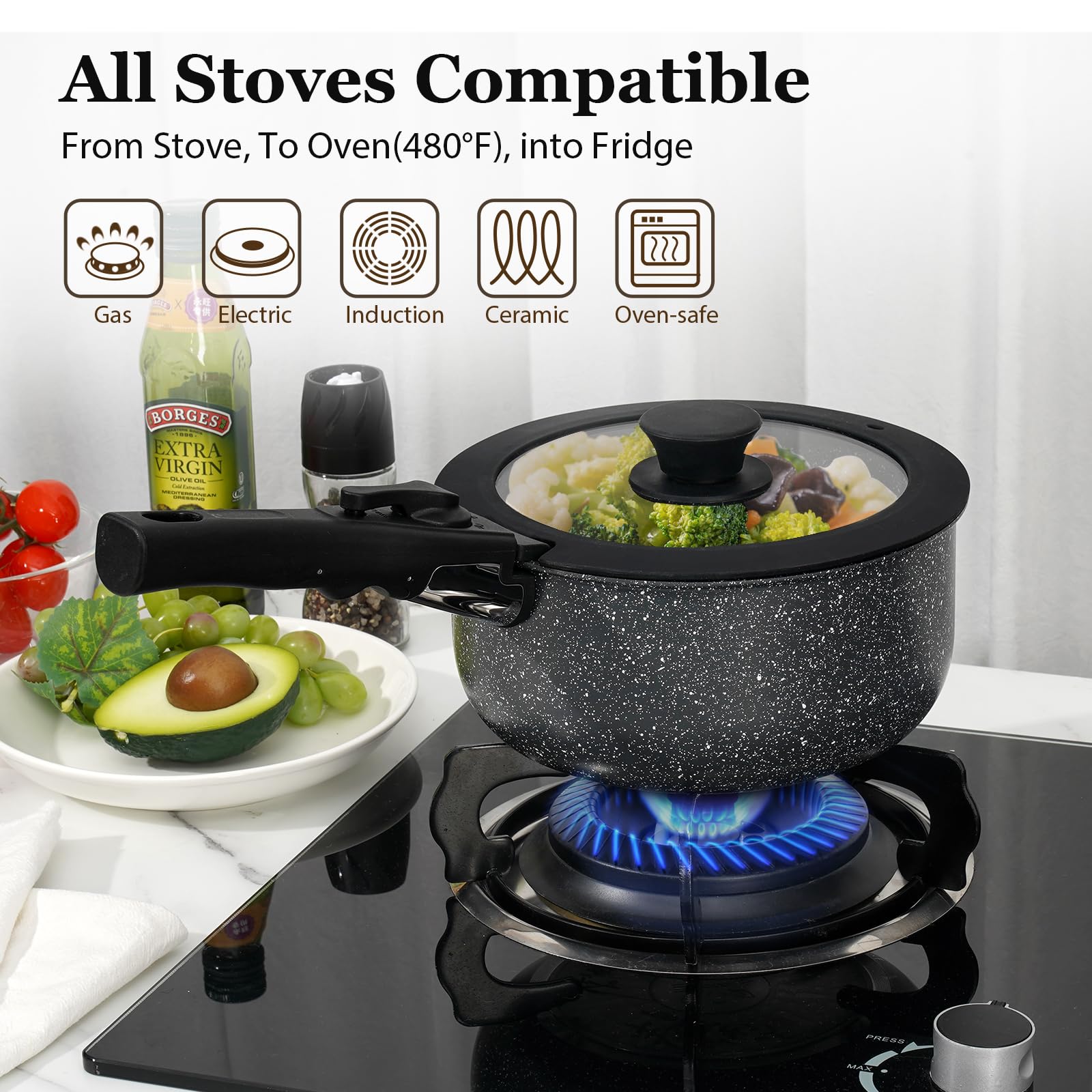SODAY 15Pcs Pots and Pans Set Non Stick, Cookware Sets with Detachable Handle, Nonstick RV Kitchen Cooking Set Removable Handles, Oven Safe, Induction Fast, Stackable Non-stick Set, Black