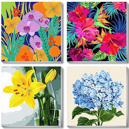 SupaDiya 4 Pack Flowers Framed Paint by Numbers for Adults Beginners, DIY Easy Acrylic Watercolors Number Painting Art with Framed Canvas for Home Wall Decor (8x8 inches)