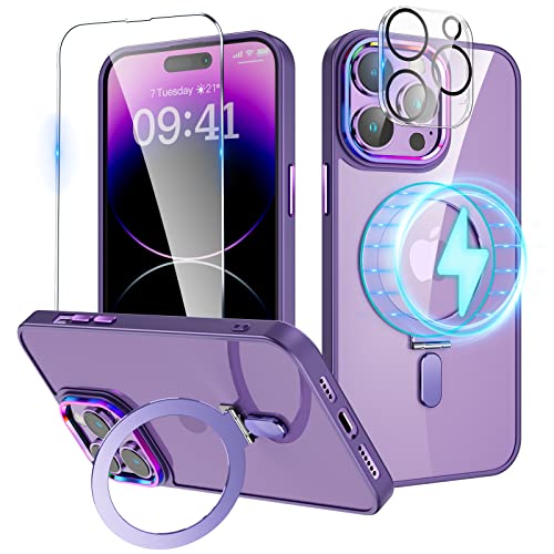 niufoey Magnetic Kickstand Case for iPhone 14 Pro Max,[Compatible with MagSafe] [Silicone Bumber & Hard Back] [Glitzy Camera Frames] Cute Slim Kickstand Cover 6.7 inch for Women Men-Purple