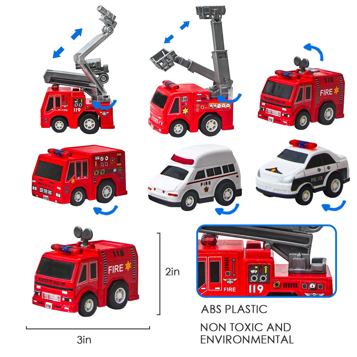 Fire Truck Toys with Play Mat, 6 Fire Engines, 3 Road Signs, 14" x 18" Fire Rescue Playmat, Mini Pull Back Car Toys for 2 3 4 5 Year Old Boy Toddlers