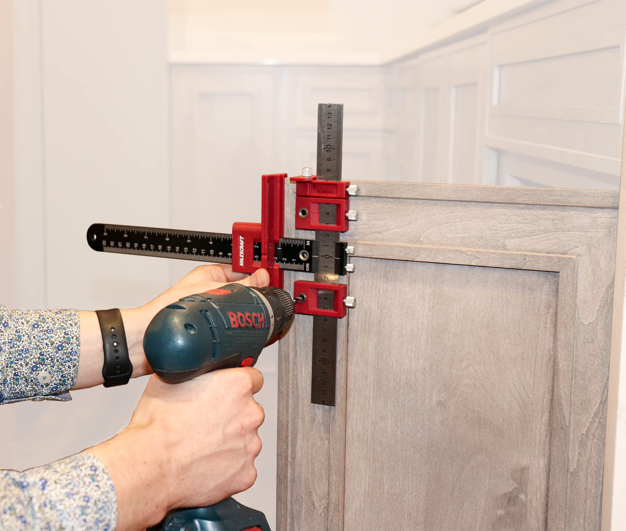 Milescraft 1340 Hardware Jig – Adjustable Drill Guide to Quickly Install Cabinet/Drawer Handles, Knobs and Pulls. Cabinet Hardware Template, Wood Drilling Guide Jig, Drawer Pull Jig.