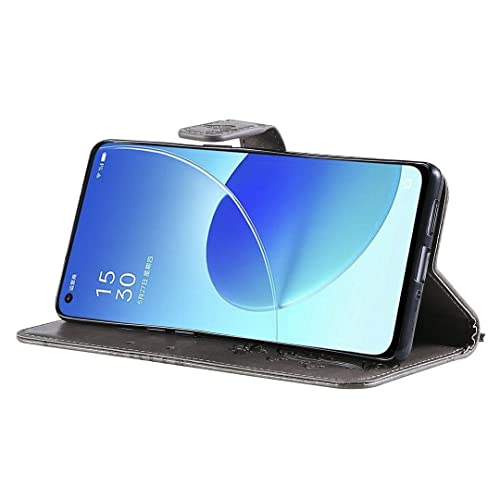 SATURCASE Case for Oppo Reno 6 Pro 5G, Butterfly Embossing PU Leather Flip Magnet Wallet Stand Card Slots Hand Strap Protective Cover for Oppo Reno 6 Pro 5G (Gray)
