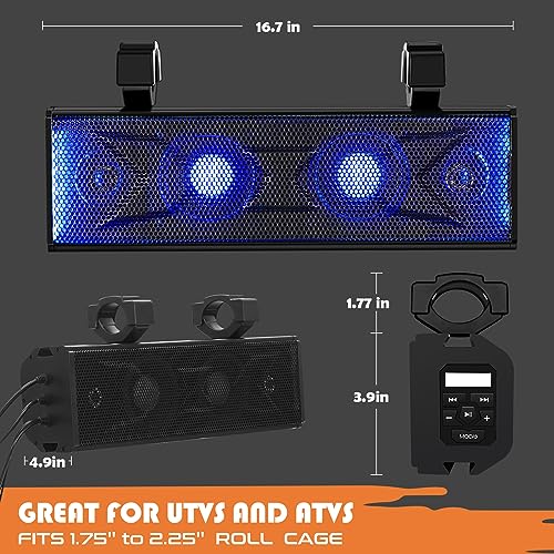 purevox UTV Sound Bar 16 Inch 4-Speaker ATV SoundBar UTV Sound System SXS Speakers Waterproof Bluetooth Connectivity with Multicolor LED Lighting for UTV ATV Golf Cart Marine Boat