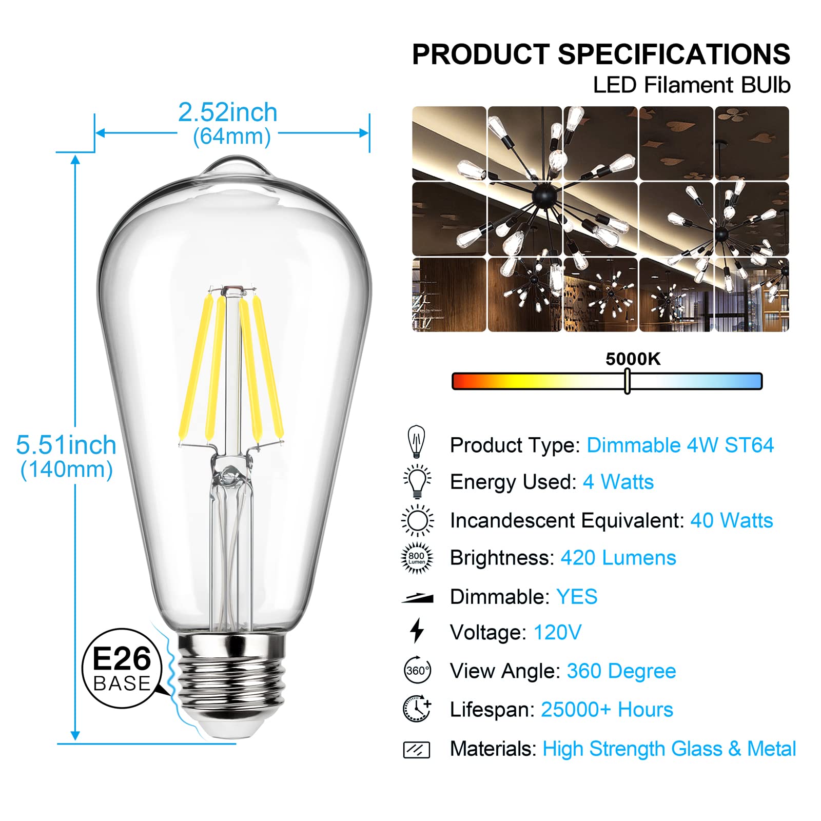 Edison Bulb, Dimmable Vintage LED Filament Light Bulbs Daylight White 5000K, SHINE HAI 4W ST64 Antique LED Squirrel Cage Lights 40W Equivalent, E26 Base, Pack of 12