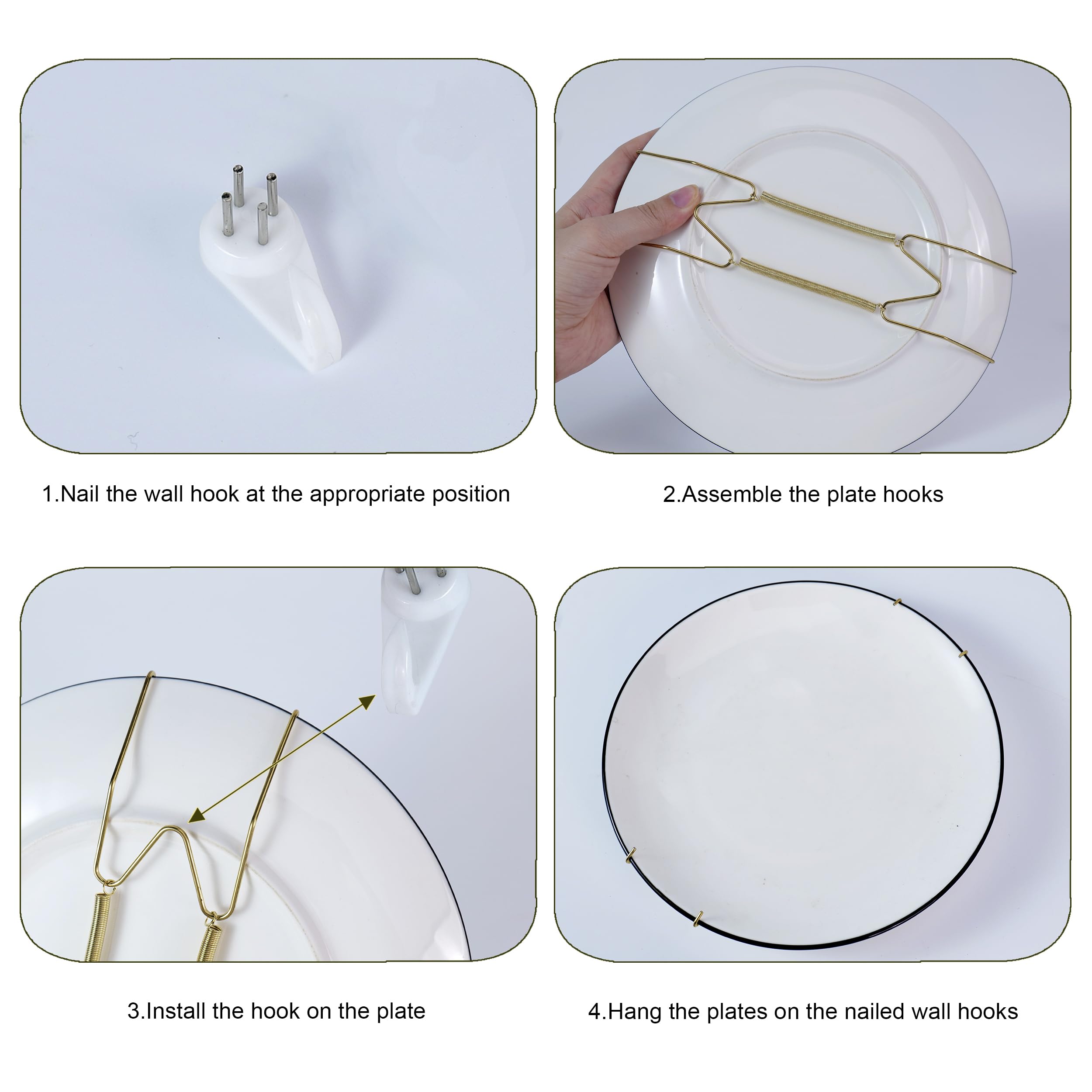LYWBYJ 12 Pieces Invisible Vertical Plate Holders - 6 Pieces Stainless Steel Decorative Wire Plate Holders with 10 Pieces Wall Hooks for Decorative Plates (Gold, 6/8/10 Inch) 