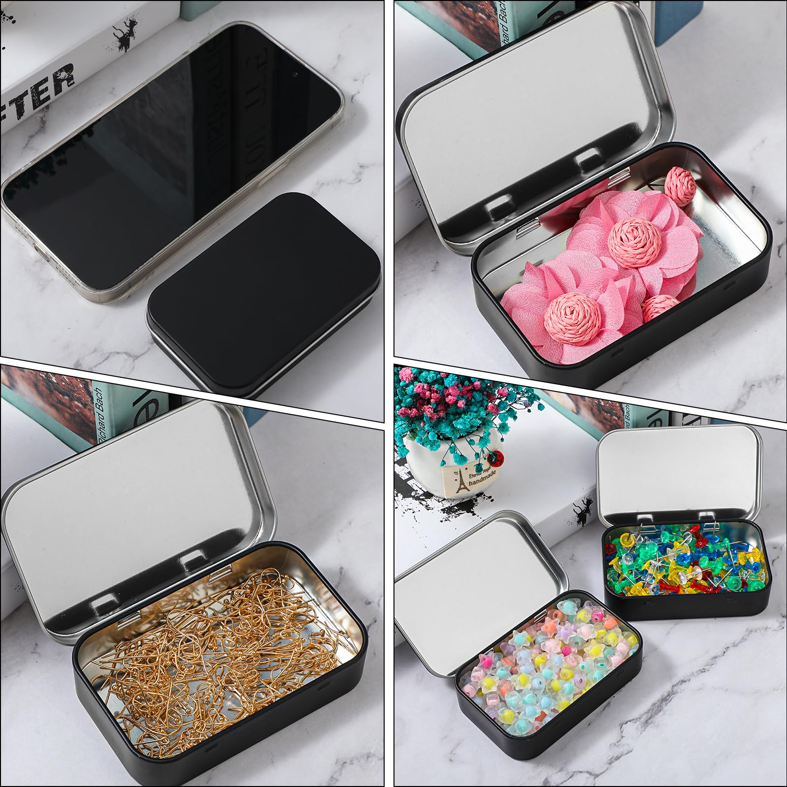 PEOVLVN 2 Pack Small Tin Box, Metal Rectangular Empty Hinged Tins Metal Tin Box with Lids Mini Portable Metal Box Container for Storage Candies Jewelry Crafts (3.7x2.4inch)