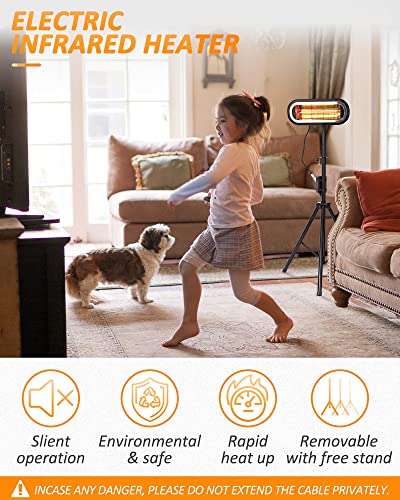 KUTON Outdoor Electric Heater, 1500W Infrared Patio Heater, Standing Indoor Heater with Telescopic Tripod, Tip-Over & IP65 Waterproof For Garage Backyard, Angle Adjustable, YD-SH-B
