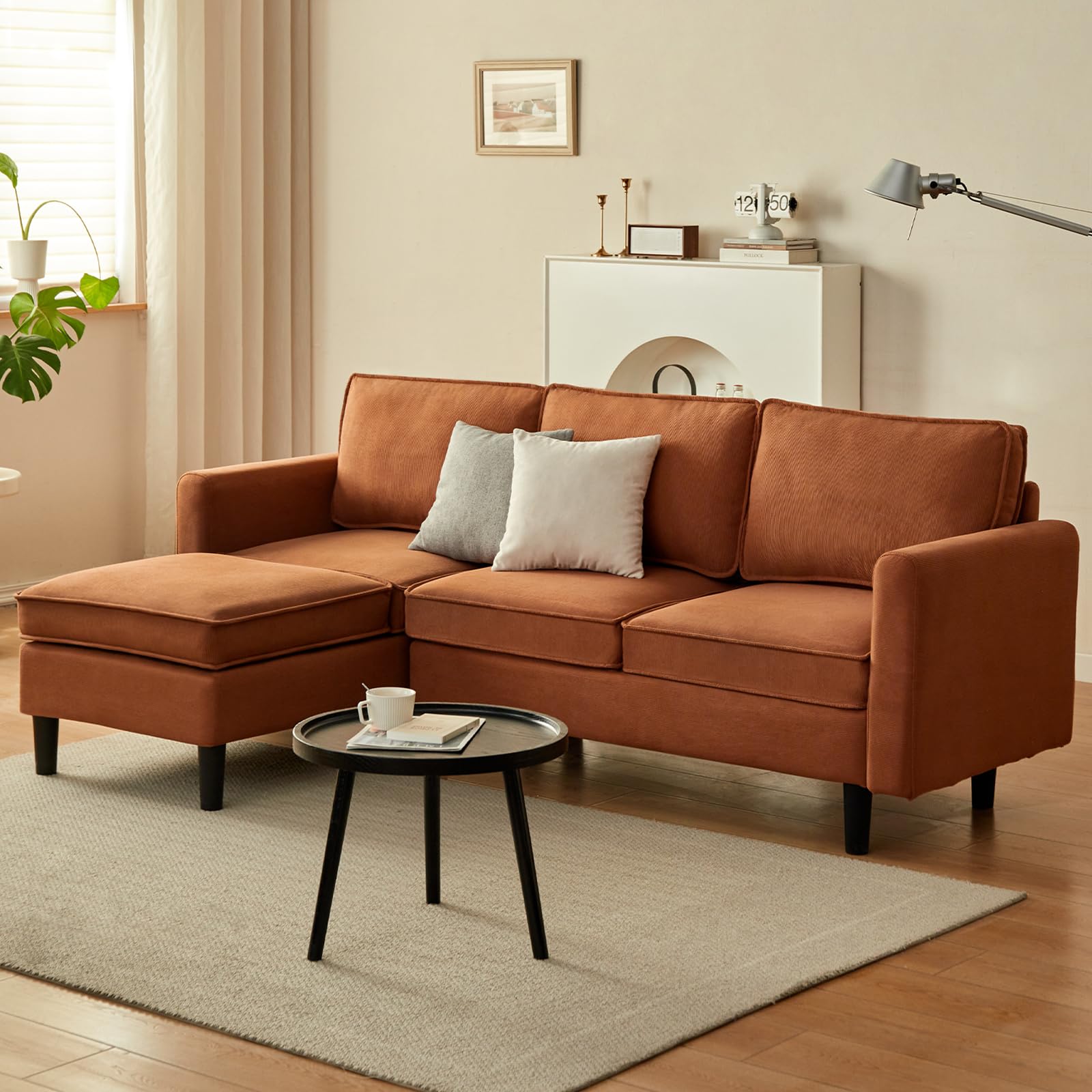 Mxfurhawa L Shaped Couch, 3 Seat Linen Futon Sofa Bed, Convertible Sleeper Sofa with Tapered Wood Legs, Mid Century Modern Couches for Bedroom Black