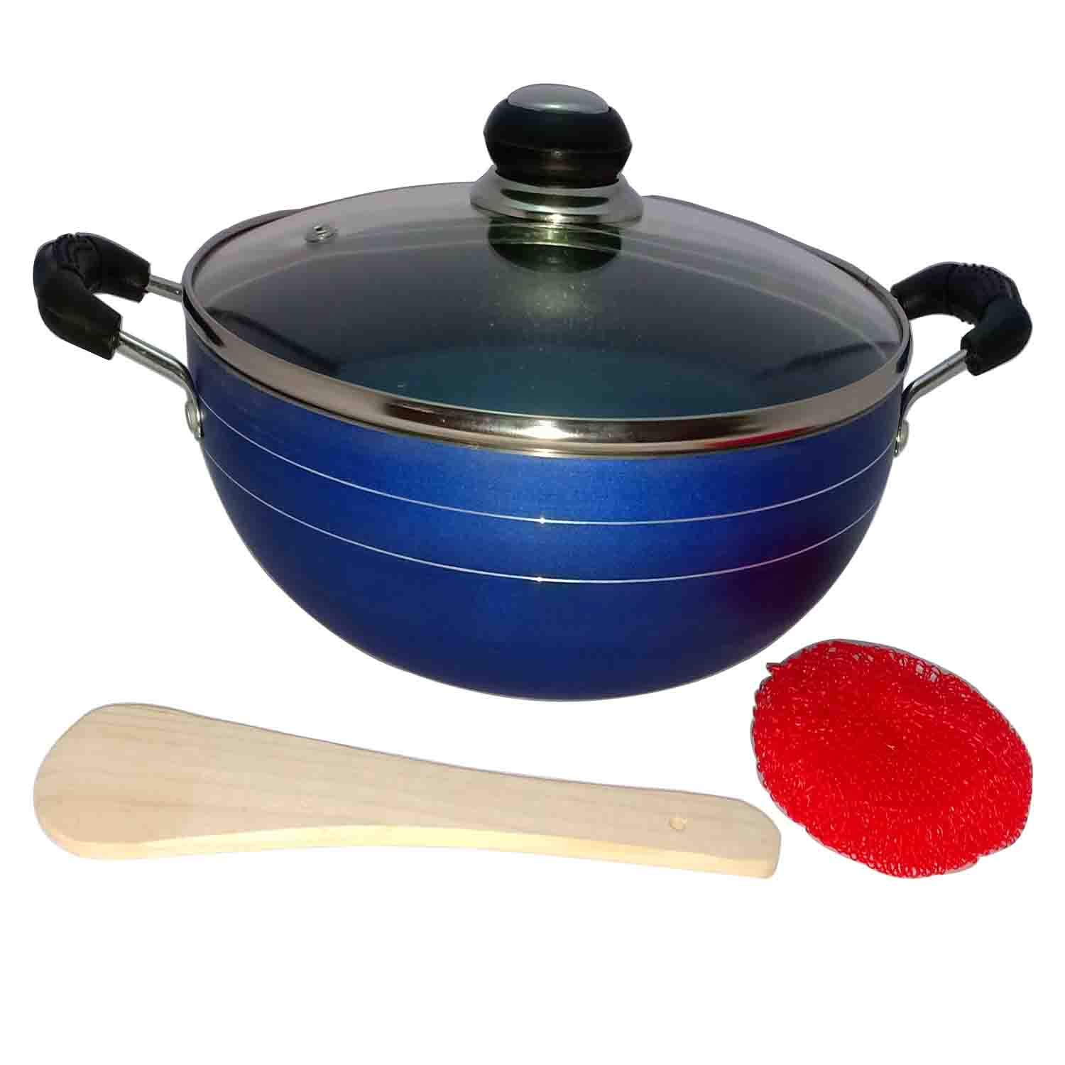 Induction Base Deep Kadai Non-Stick Aluminium Kadhai Deep Fry Pan Nonstick 2.2 litre Kadhai with Glass Lid 240 mm 9.5 Inches(Induction and Gas Compatible)