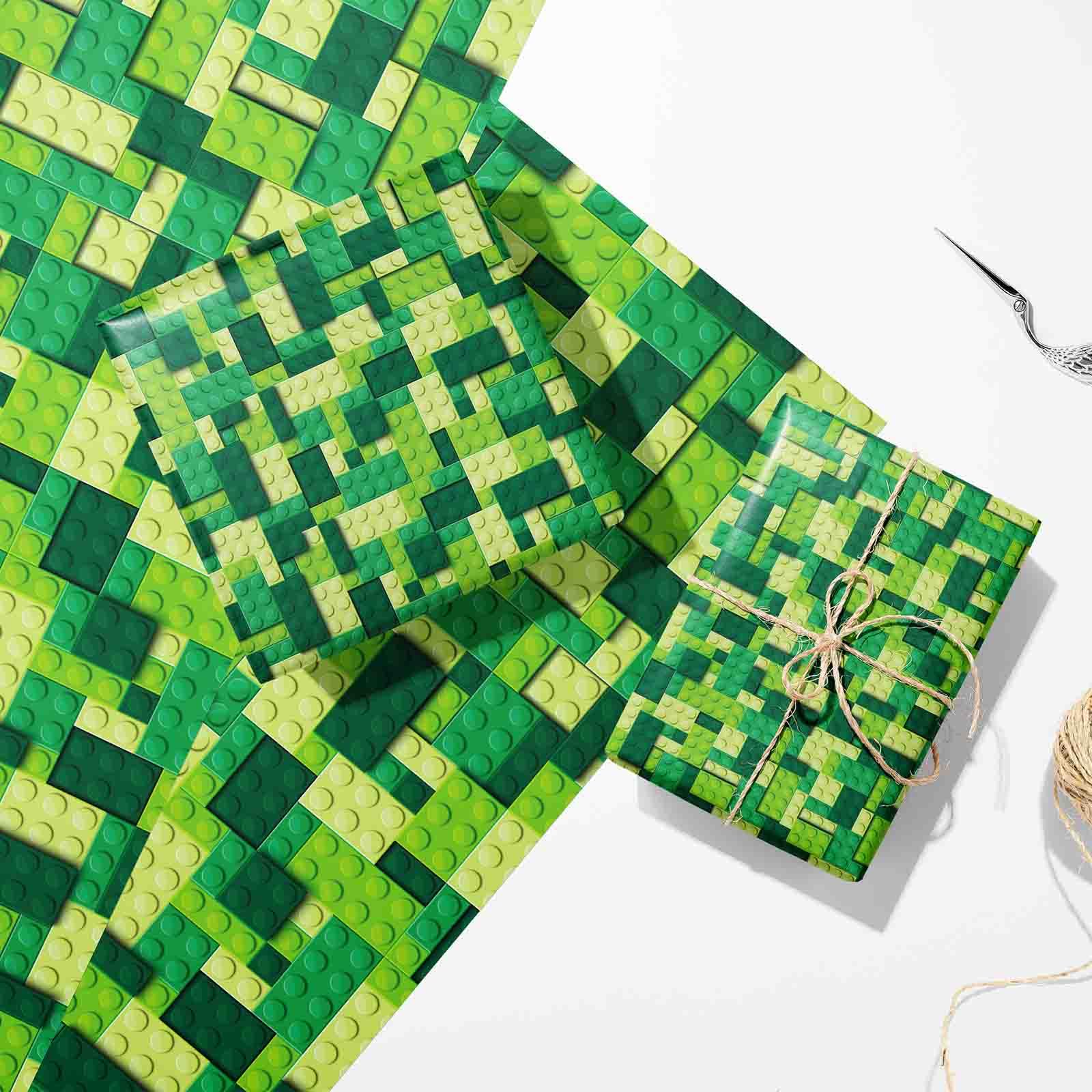 Tim&Lin Birthday Wrapping Paper Roll - Large Gift Wrap Paper Roll - 30 Inch X 32.8 Feet - Green Design - Building Blocks Patterns