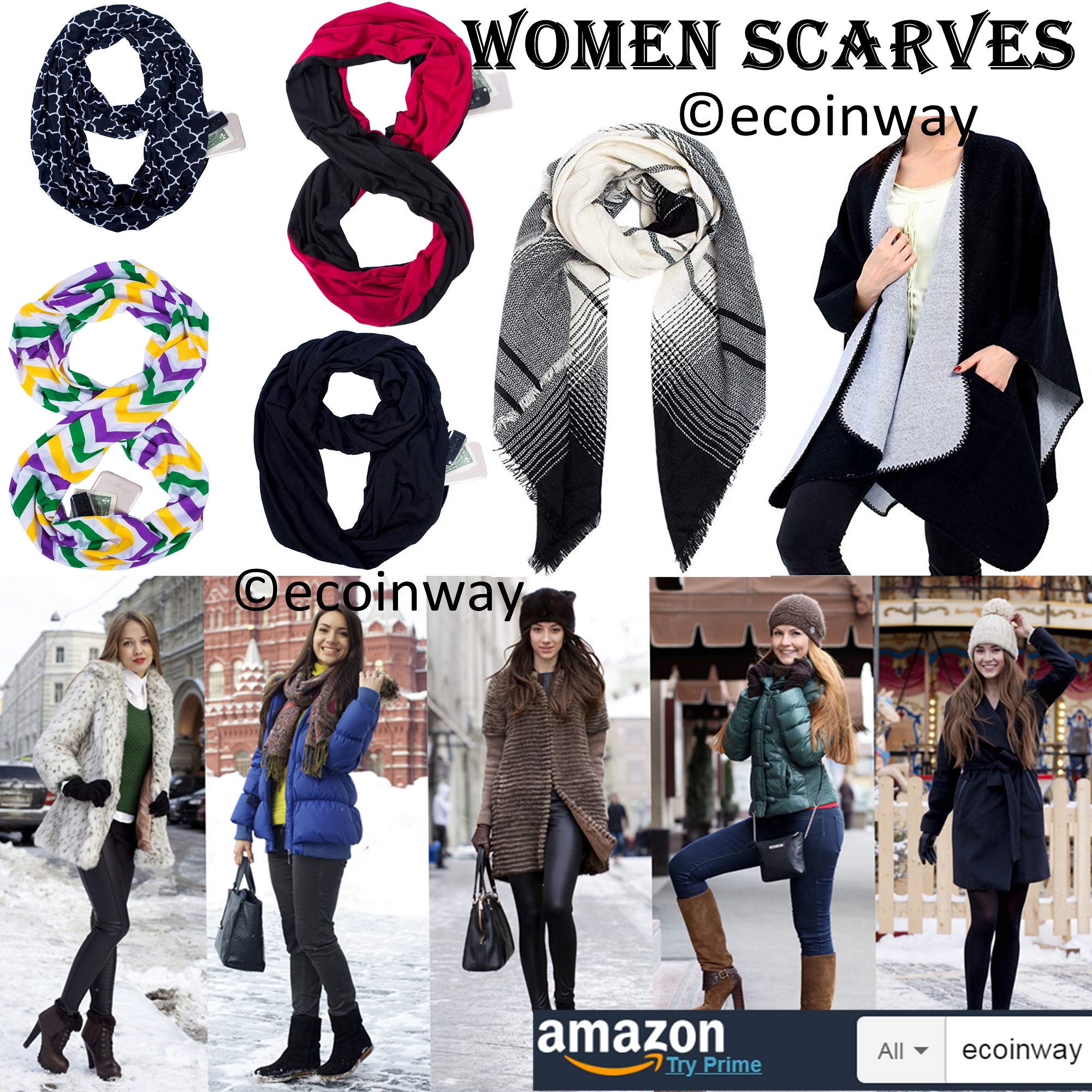 ecoinway Infinity Scarf Print Shawl Pocket - Heather Grey Wrap Travel
