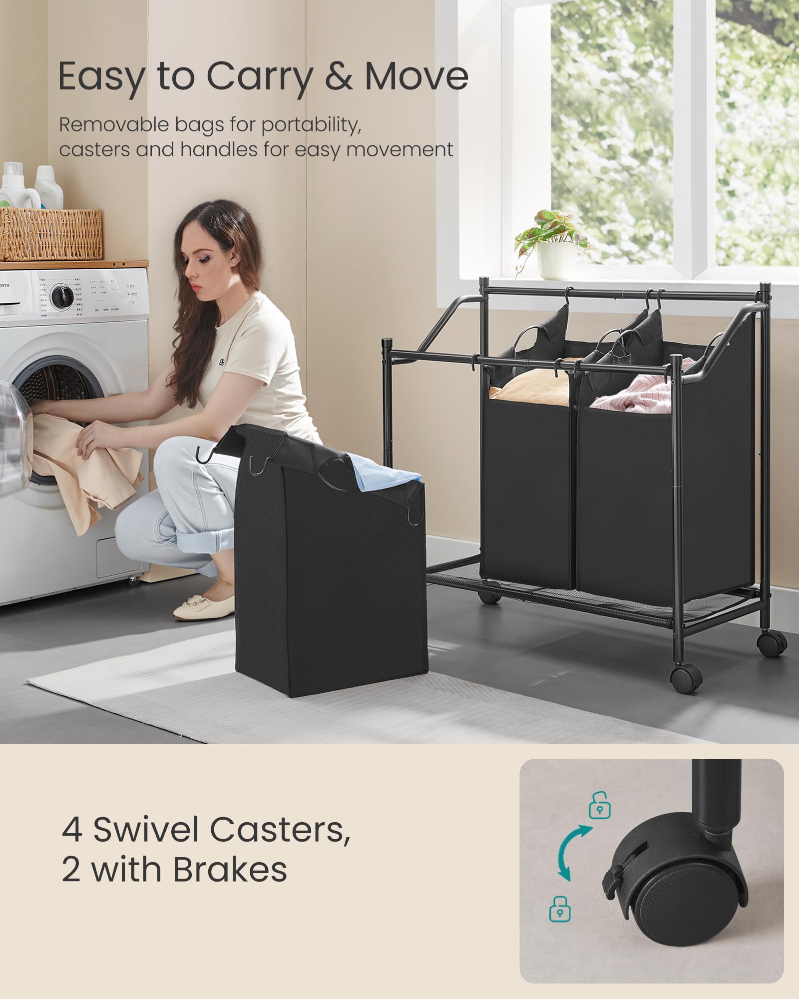 SONGMICS Laundry Sorter, Rolling Laundry Basket with 3 Removable Bags, Laundry Hamper, Laundry Cart, for Laundry Room, Bedroom, Bathroom, 3 x 11.9 Gallons, Ink Black URLS102B01