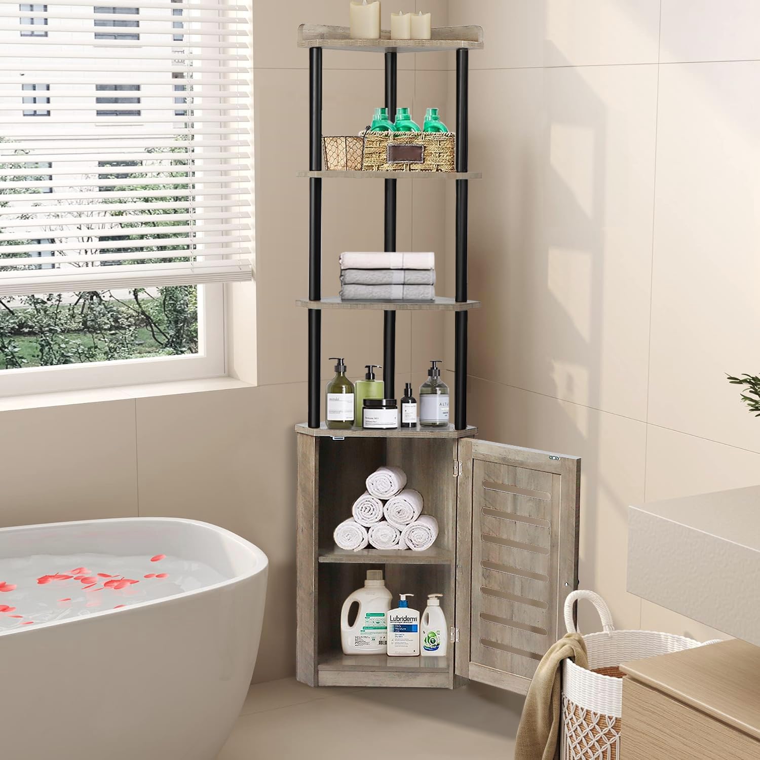 Timberer 6-Tier Corner Shelf with Storage, Corner Bookshelf, 74.2" Tall Corner Stand Display Storage Rack for Living Room, Home Office, Kitchen, Bar, Small Space, Greige and Black