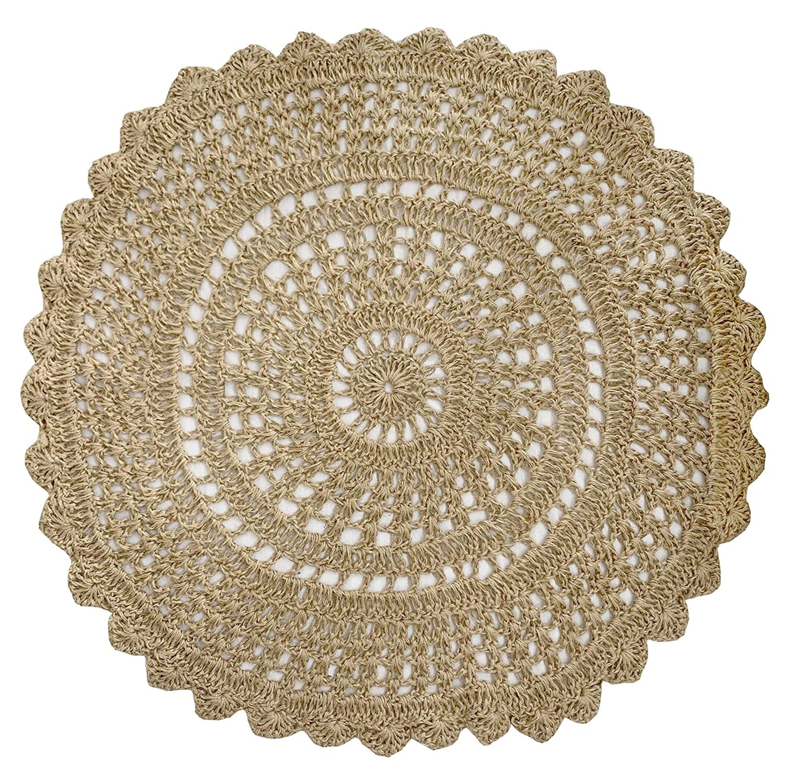 THE BEER VALLEY Jute Crochet Hand Woven Rug, 3' Round - Natural, Anti Slip Handmade Scalloped Small Accent Rugs for Patio, Kitchen Boho Décor - 3 Feet Round