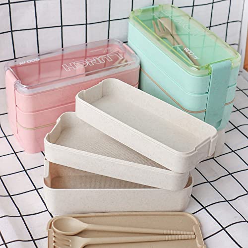 MOAMUN 2PCS Stackable Bento Box, 3-In-1 Bento Lunch Box with Spoon and Fork, Japanese Lunch Box with 2PCS Mini Condiment Squeeze Bottles, Meal Prep Containers for Kids and Adults (Green+Beige)