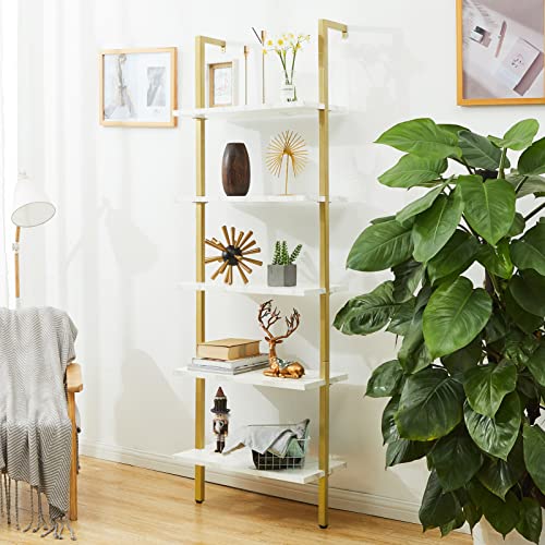 SUPERJARE Vanity Desk, Makeup Vanity with Stool & Tri-fold Lighted Mirror and Modern Ladder Shelf, 5-Tier Open Wall-Mounted Bookshelf with Stable Metal Frame
