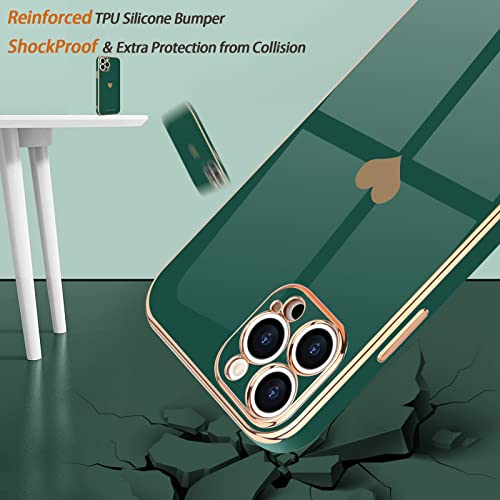 Teageo iPhone 14 Pro Case - Luxury Love Heart Design, Bling Back Cover, Camera Protection, Shockproof, Blackish Green