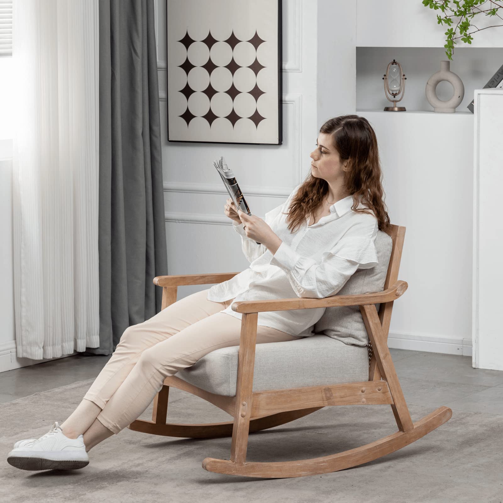 MELLCOM Nursery Rocking Chairs, Upholstered Glider Rocker with Solid Frame and Cushion, Comfy Accent Armchair for Nursery, Living Room and Bedroom