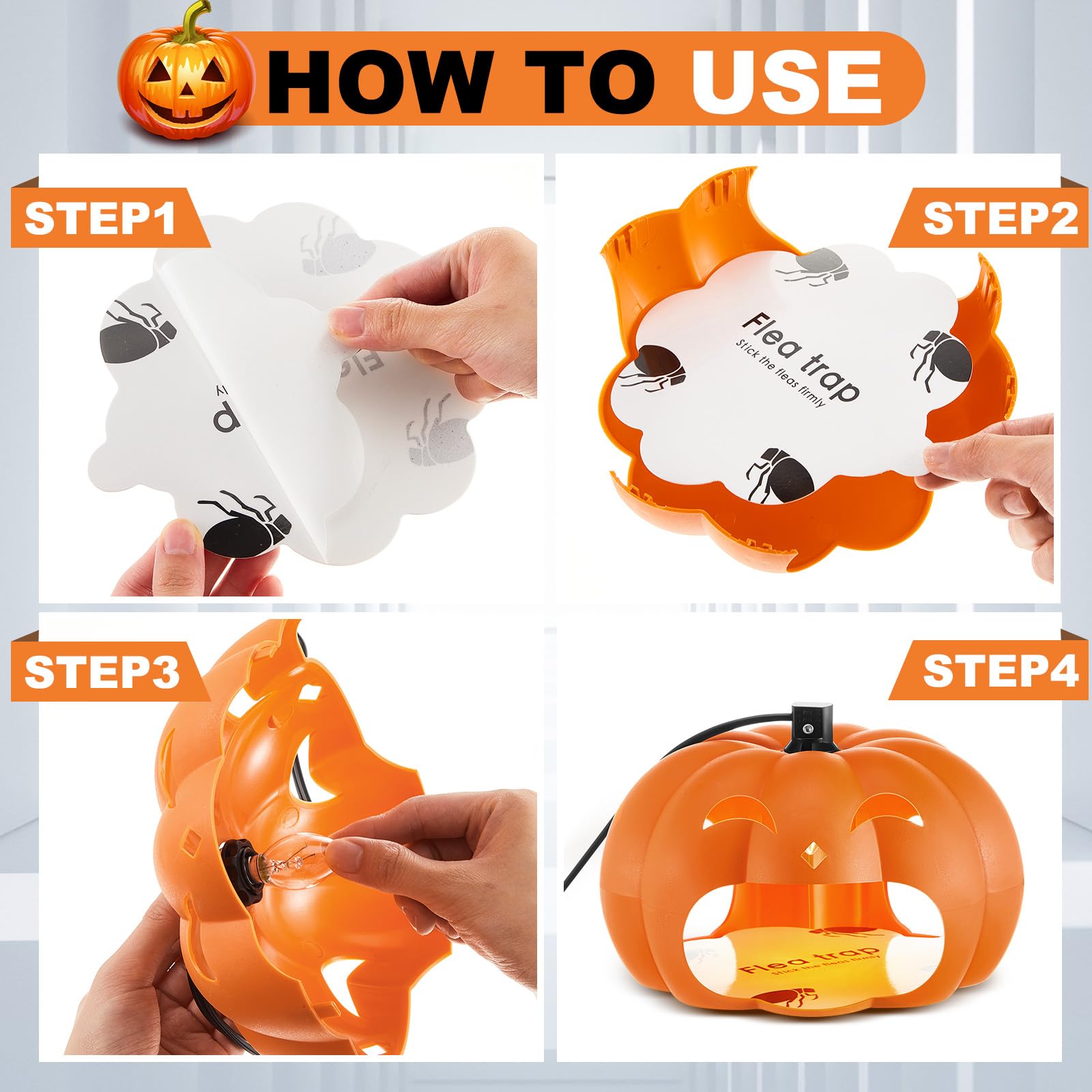 Qualirey 4 Pieces Flea Traps with 8 Sticky Disc 12 Bulbs 4 Electric Wires Pumpkin Flea Traps for Inside Your Home Safe Flea Light Trap for Indoor Safe to Pets