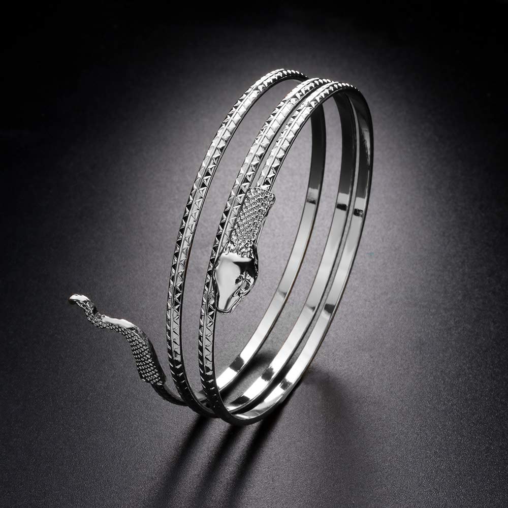Egyptia Spiral Snake Upper Arm Armlet Cuff Armband Bangle Bracelet Stacking Coiled Serpent Ophidian Animal Jewelry (Silver)