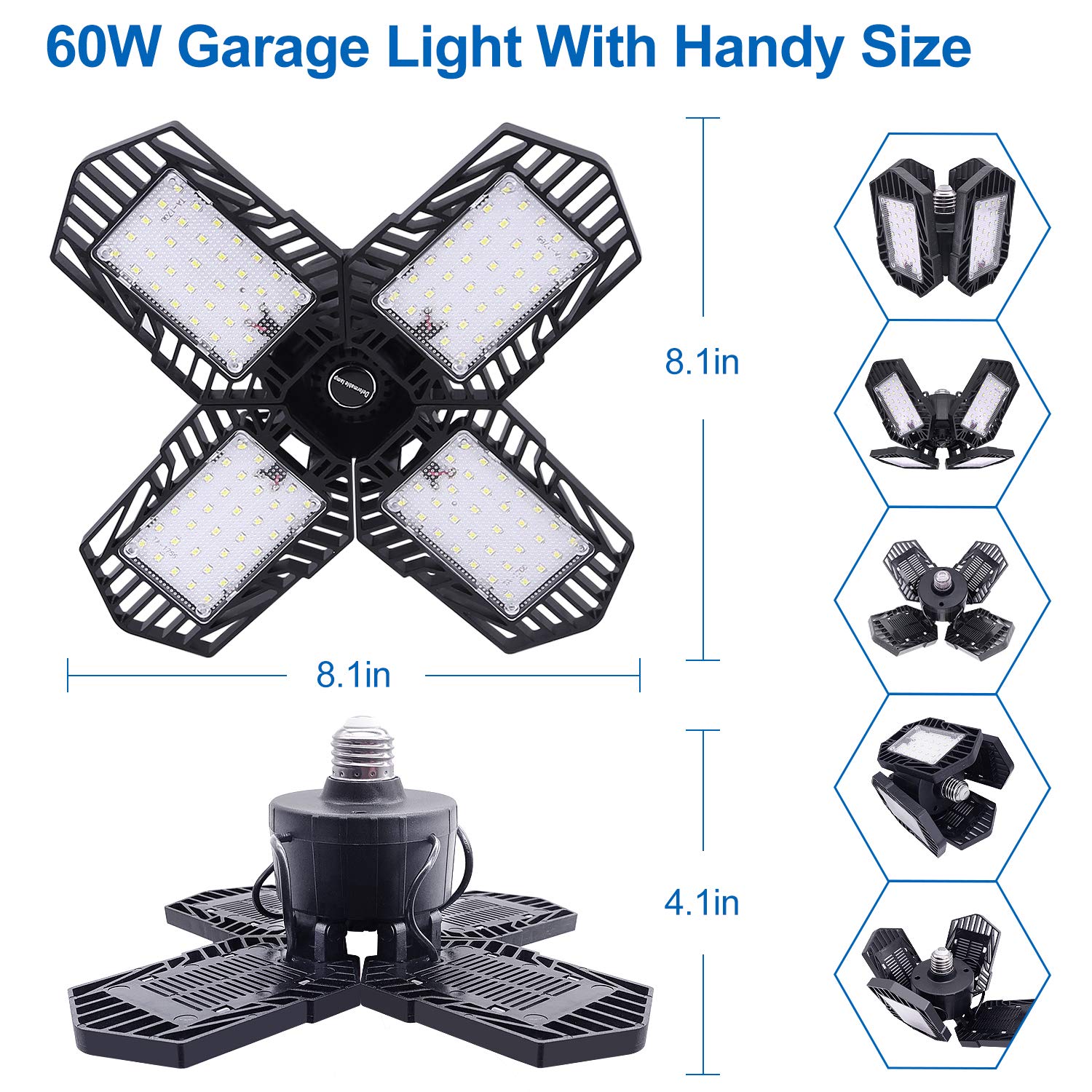 Garage Light, 2020 Updated Four Leaf Garage Light Deformable Led Garage Lights 60W LED Garage Lights 6000 Lumens Garage Ceiling Light CRI 80 Led Light for Garage Workshop Basement Laundry Room-Black