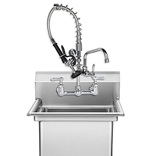 KWODE Wall Mount Commercial Sink Faucet with Pull Down Sprayer 8 Inch Center Pre-Rinse Kitchen Faucet with 21โ Height and 8โ Add-on Swivel Spout, Brass Constructed, Chrome Finish