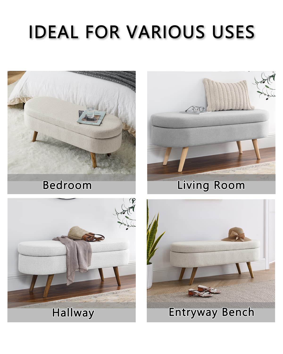 ECLYL Oval Storage Bench 43.5" Linen Fabric Upholstered Entryway Bench with Solid Wood Legs Ottoman Bench Indoor Bench for Living Room/Bedroom/End of Bed/Entryway (Beige)