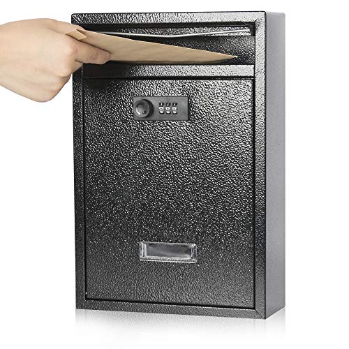 KYODOLED Locking Wall Mount Mailbox,Mail Boxes Outdoor with Combination Lock,Security Key Drop Box,12.4Hx 8.54Lx 3.35W Inches,Black Large