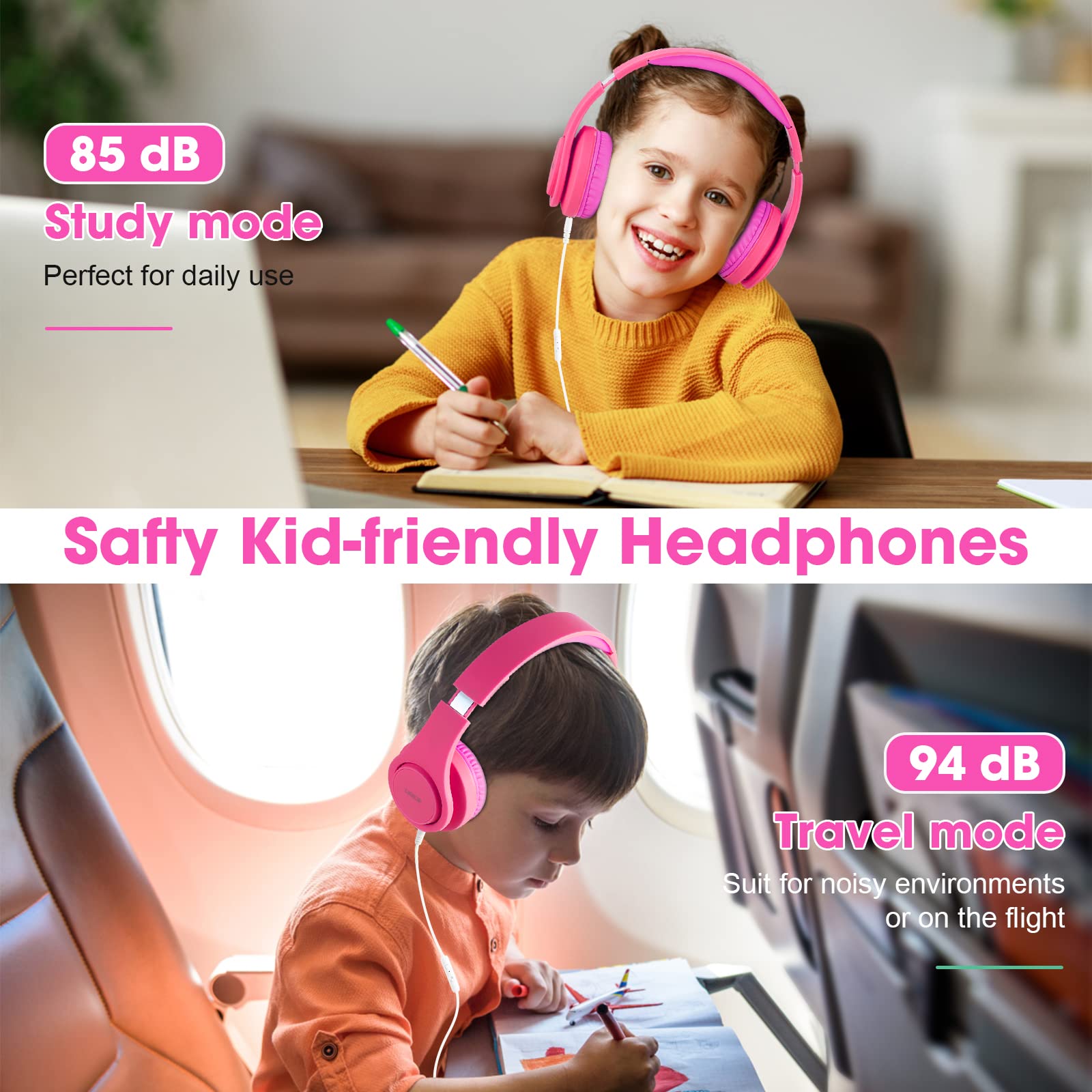 Kids Wired Headphones with Microphone, 85/94dB Volume Limiter, Shareport, Foldable Adjustable Stereo Tangle-Free 3.5MM Wire Cord Over-Ear Headphone for Smartphones/PC/Tablet/School/Trip(Pink)