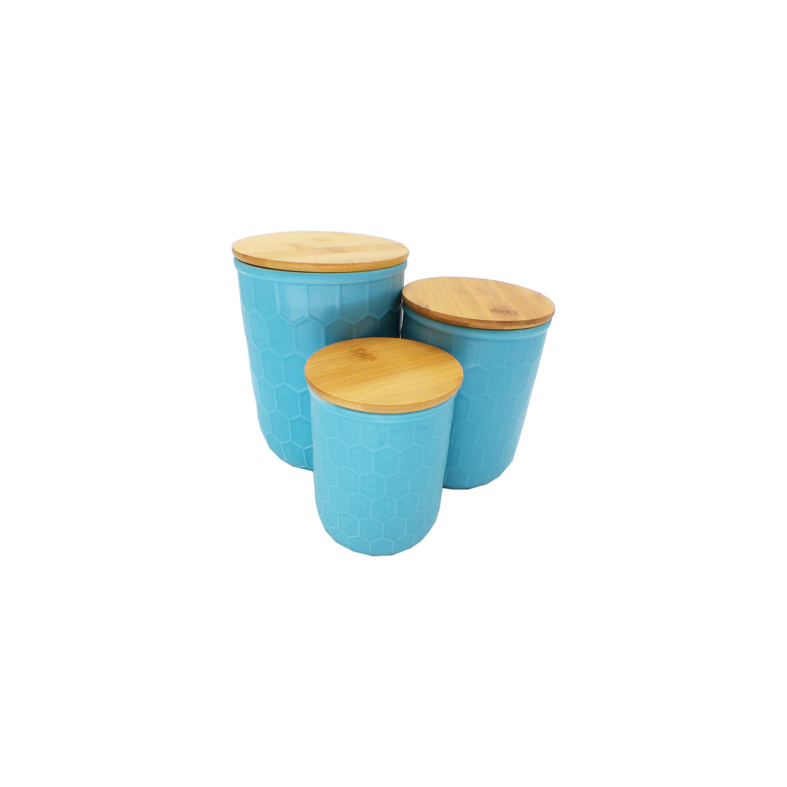 First of a Kind Kitchen Canisters - Blue Stoneware Canisters with Bamboo Lids, Set of 3 Storage Canister Container Set - Honeycomb Design, Ceramic Food Canister Jars for Tea, Sugar & Flour Storage