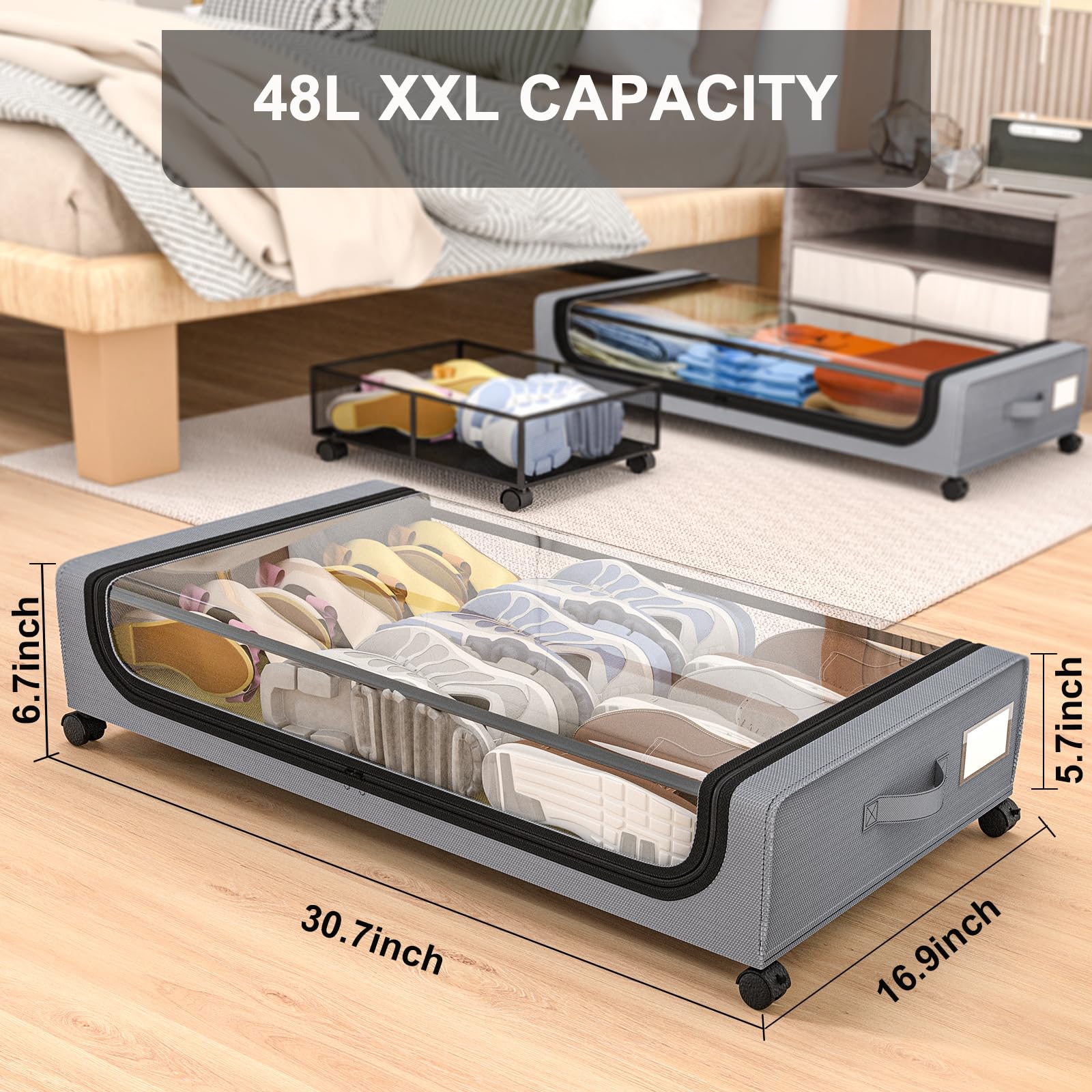 GoMaihe Under Bed Storage with Wheels: XXL 48L Underbed Storage Containers with Lids - Rolling Drawers for Shoes Clothes in Dorm Bedroom - Space-Saving Easy Pull-out Grey 2-Pack