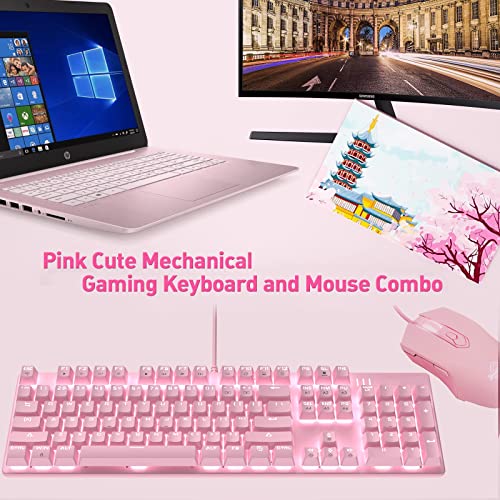 FELICON Pink Wired Mechanical Keyboard and Mouse Combo with Linear Blue Switches, Full Anti-ghosting Gaming Keyboard, Lightweight Gaming Mouse, Mouse Pad for Office and Gamer Pc Mac Laptop