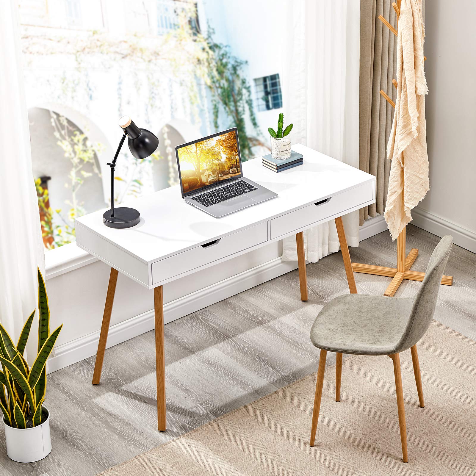 GreenForest Vanity Desk 39 inch Computer Writing Desk with Glossy White Tabletop and 2 Drawers Modern Bedroom Makeup Table Home Office Desk