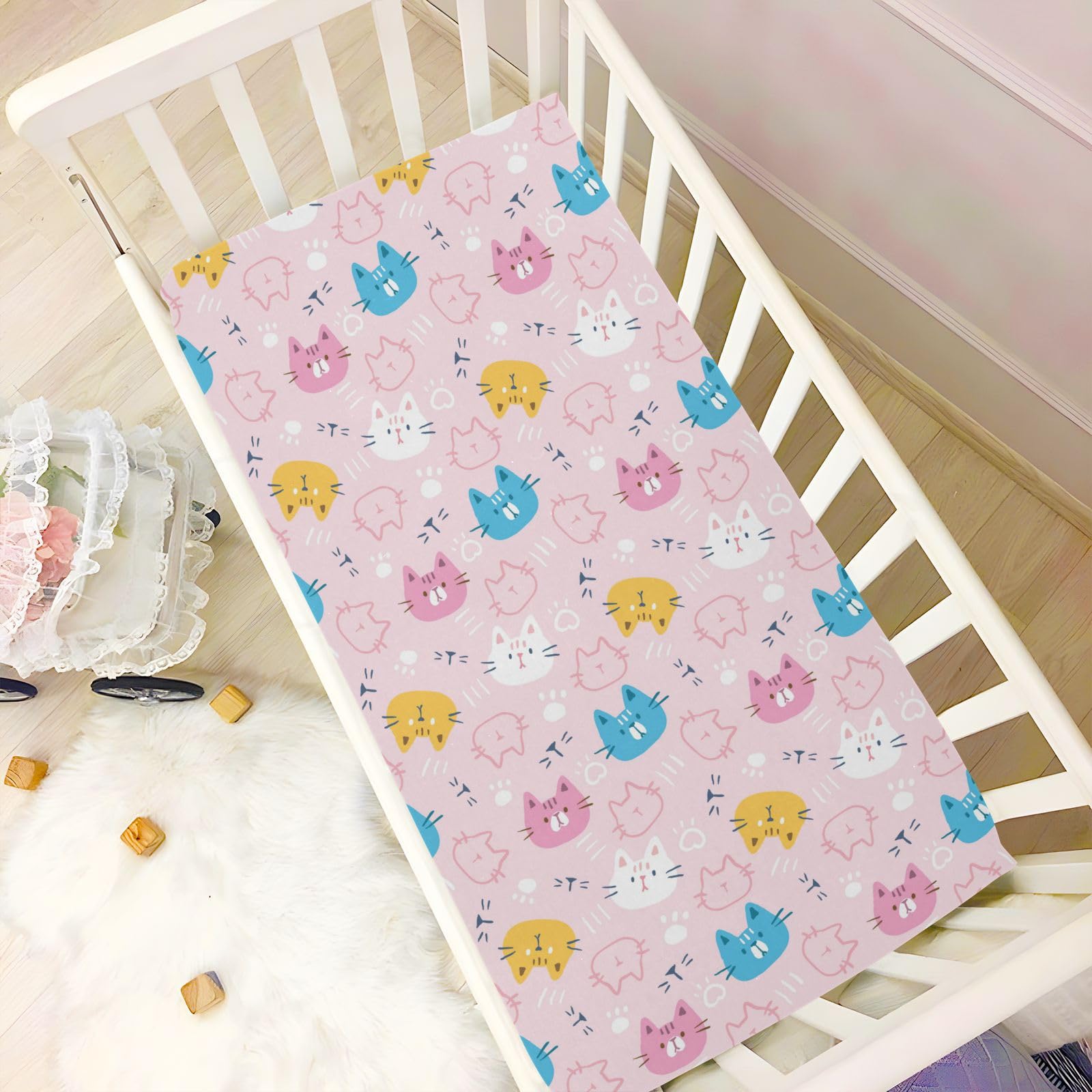 Kigai Cartoon Cat Face Pink Crib Sheets for Boys Girls, Soft and Breathable Pack n Play Sheets, Portable Mini Stretchy Cribs Sheets, 39x27 Inch