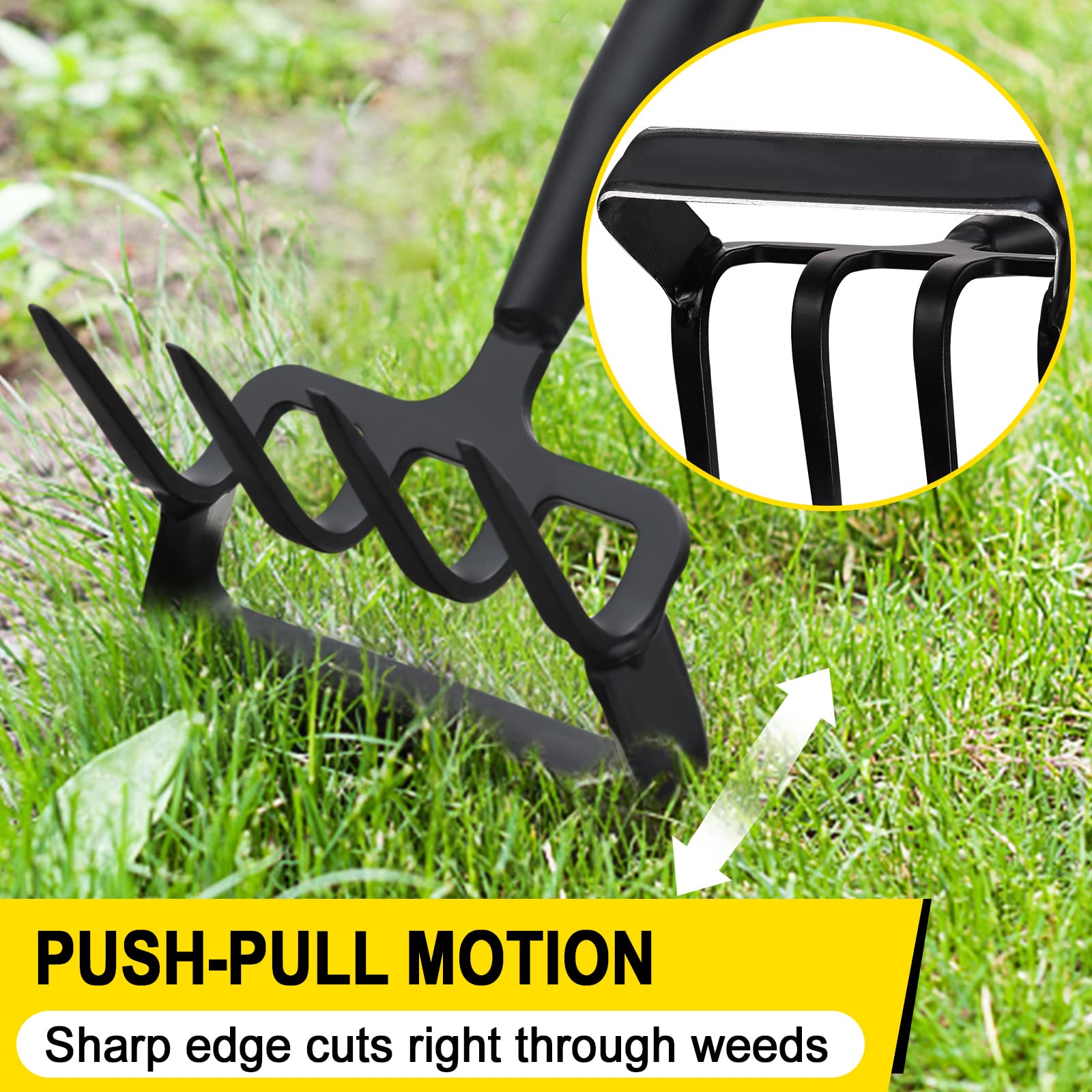 Garden Hoe, Cultivator Stirrup Hoe Garden Tool for Weeding, 73 Inch Heavy Duty Hula Hoe with Adjustable Long Handle, Scuffle Loop Hoe with Rake 2-in-1 Gardening Tool for Loosening Pulling Weed