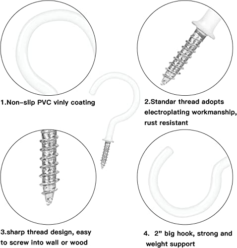 QEZEZA 10 Packs of Vinyl Coated Ceiling Hooks, Plant Hooks, Kitchen Hooks, Hanging Hooks, Kitchen Hooks for Indoor and Outdoor use, 2.9-inch Silver Spiral Hooks, (White)