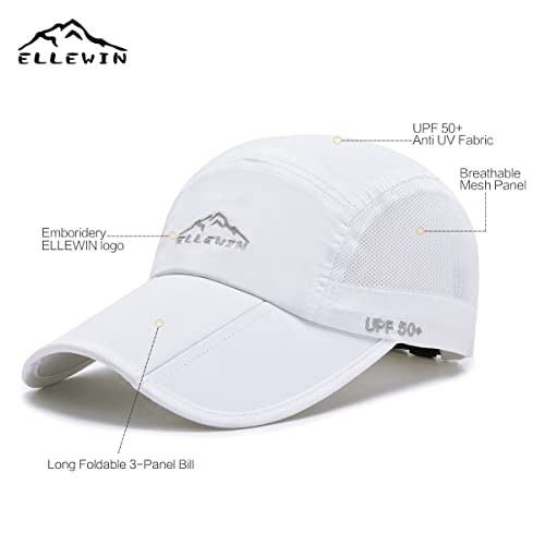 ELLEWIN Unisex Baseball Cap UPF 50 Unstructured Hat with Foldable Long Large Bill, A-white-ellewin Logo, M-L-XL
