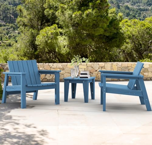 SERWALL Adirondack Chair Set with Side Table, HDPE Patio Bistro Set- Navy Blue