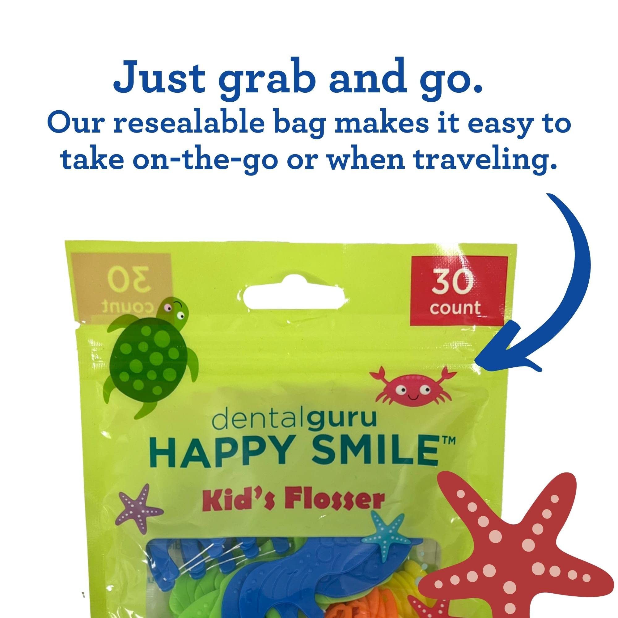 GuruNanda DentalGuru Floss for Kids - Kids Dental Floss with Easy Grip Handle - Fun Sea Animal Shape Floss Picks 30ct, Multicolor