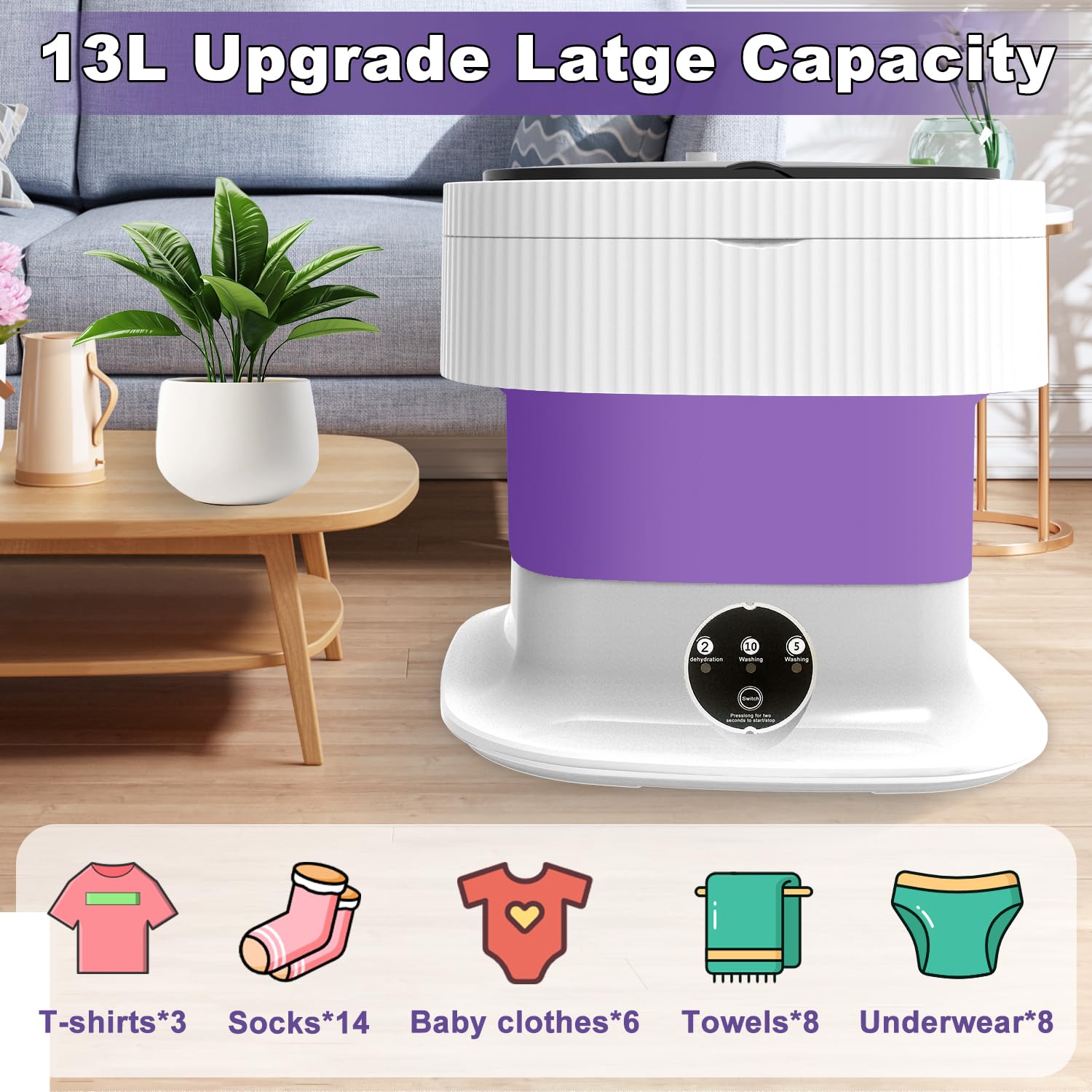 Mini Portable Washing Machine with Spin Dry, 13L Foldable Small Washer,Compact Laundry Lavadora Portatil for Underwear, Baby Clothes, Socks or Small ltems, Dormitory, Apartments, Travel, Purple