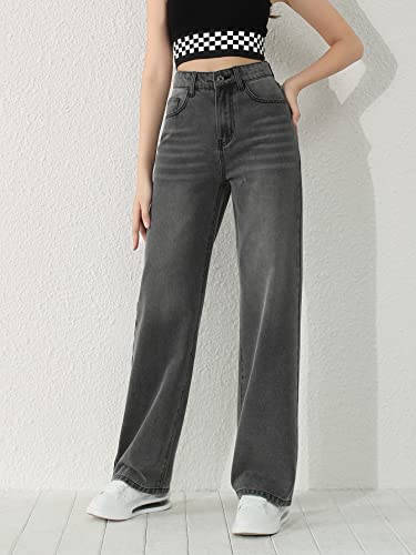SweatyRocks Girl's High Waisted Solid Straight Leg Jeans Casual Loose Denim Pants Dark Grey 12-13Y