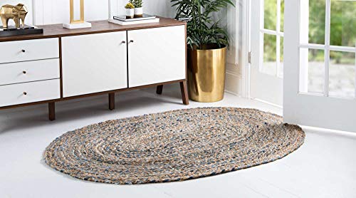 Unique Loom Braided Chindi Collection Casual Modern Blue Oval Rug (4' 0 x 6' 0)