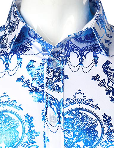 ZEROYAA Men's Luxury Shiny Design Slim Fit Long Sleeve Button up Dress Shirts ZZCL47 White Royal X Large
