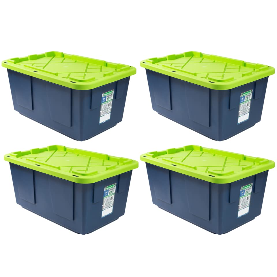 GREENMADE Extra Strong 27 Gallon Plastic Storage Bin, Multi Color, 4 Pack. Heavy Duty Built With Snap Fit Lid. Factory Direct (Navy & Green)