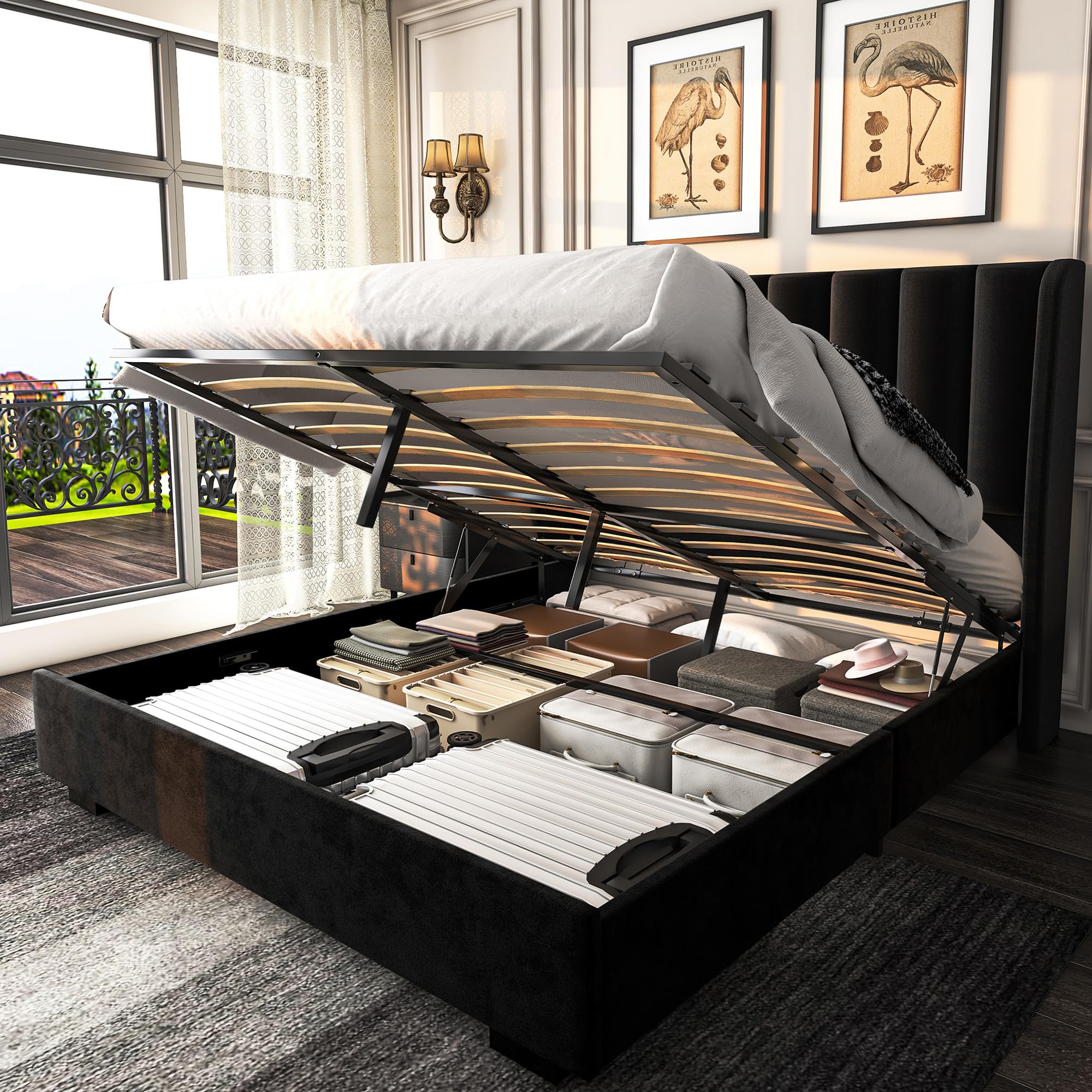Queen Size Upholstered Lift Up Storage Bed Frame with 51.2" Tall Headboard, Velvet Wingback Tufted Design, Wood Slats Support, No Box Spring Required, Noise-Free Double Low Bed Frame (Queen,Beige)