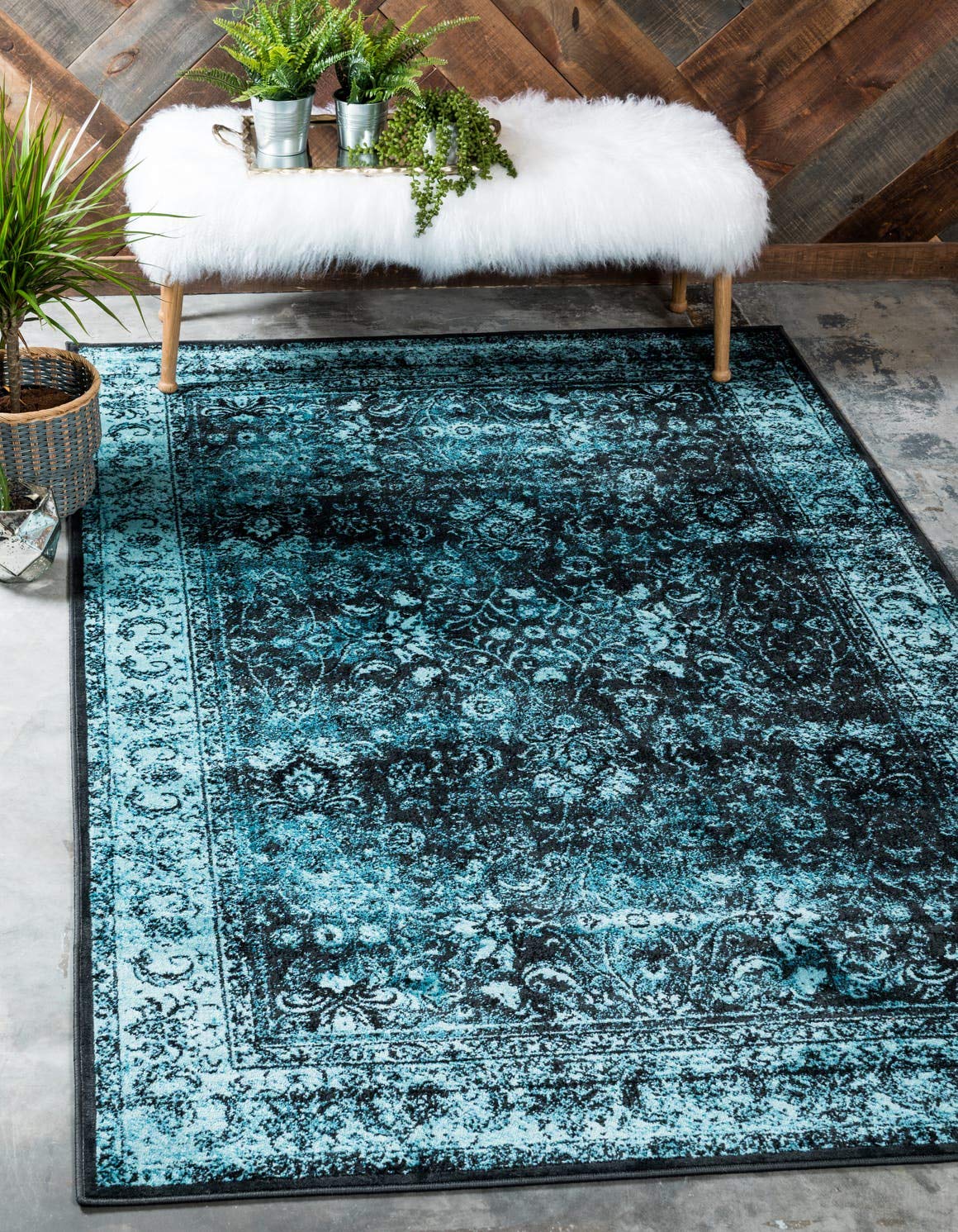 Unique Loom Imperial Collection Distressed, Modern, Traditional, Bright Colors, Vintage, Border Area Rug, 8 ft x 11 ft 6 in, Black/Turquoise