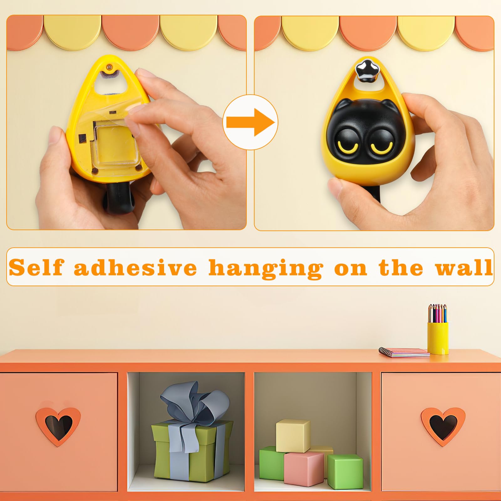 Nokiils Adhesive Cute Wall Hooks, Cute Cat Key Holder for Wall, Creative Utility Coat Hook for Home Kitchen Bathroom Room Decor (Yellow)