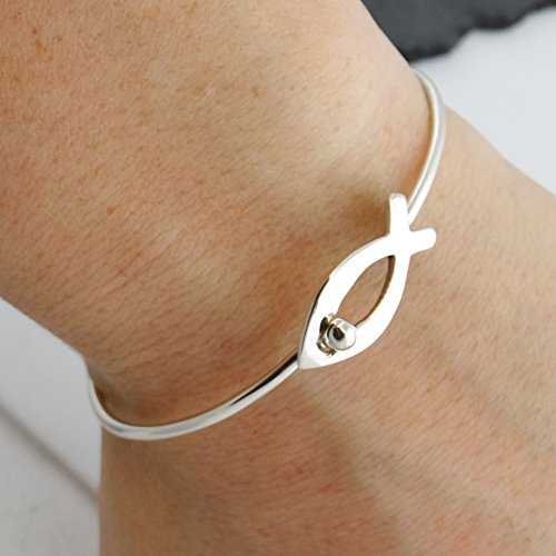 FashionJunkie4Life Sterling Silver Christian Fish Ichthus Bangle Bracelet