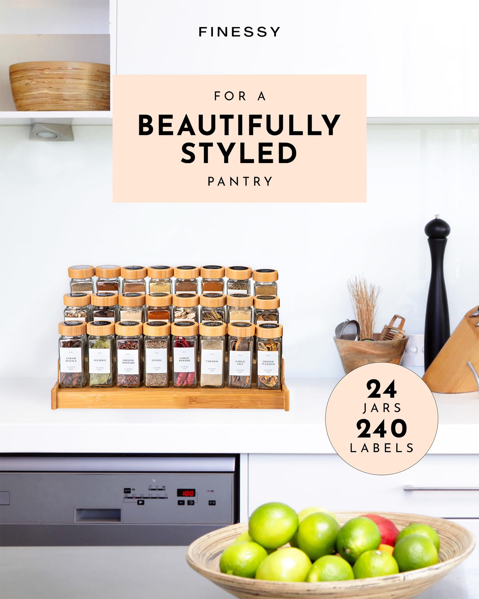 Glass Spice Jars with Labels Bamboo, 24 pcs 4 oz Seasoning Containers Set, Spice Containers with Shaker Lids, Empty Glass Seasoning Jars, Spice Bottles Storage Refillable, Seasoning Organizer Kitchen