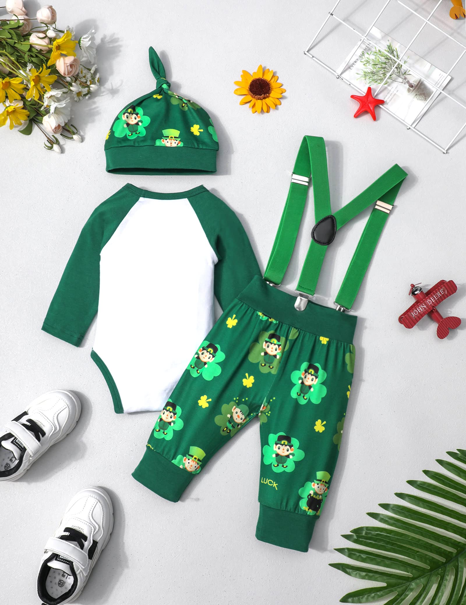 Queenstyle St Patricks Day Baby Boy Outfitt 3-6 Months My First St Patricks Day Baby Boy Outfit Romper Suspender Pants Print Hat 3Pcs Set